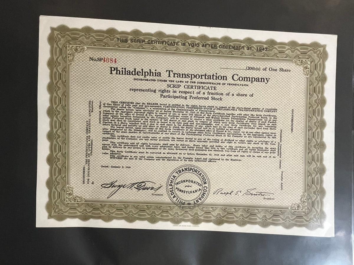 Philadelphia Transportation Company Scrip Certificate – History Bound
