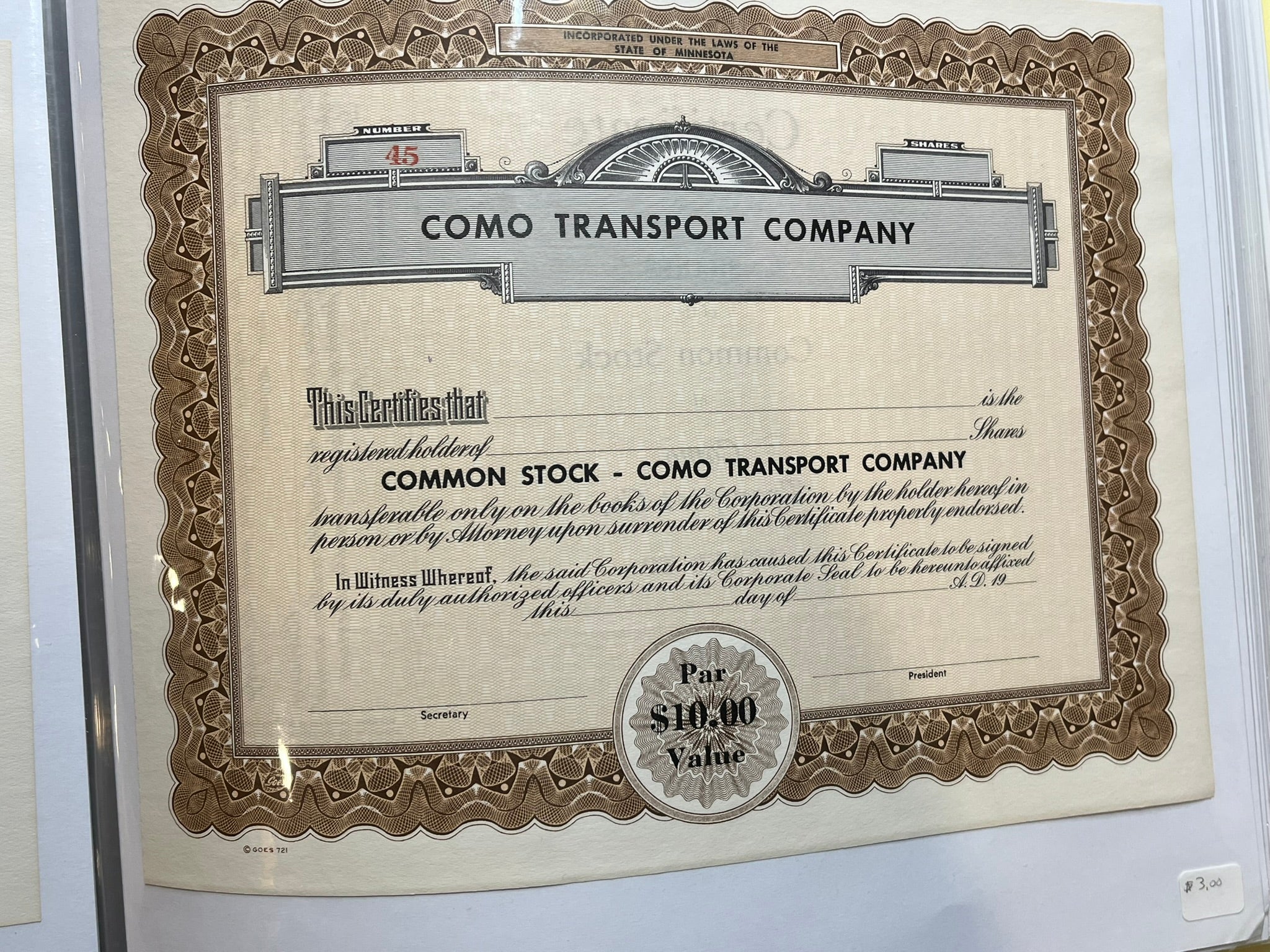 Como Transport Company Stock Certificate – History Bound