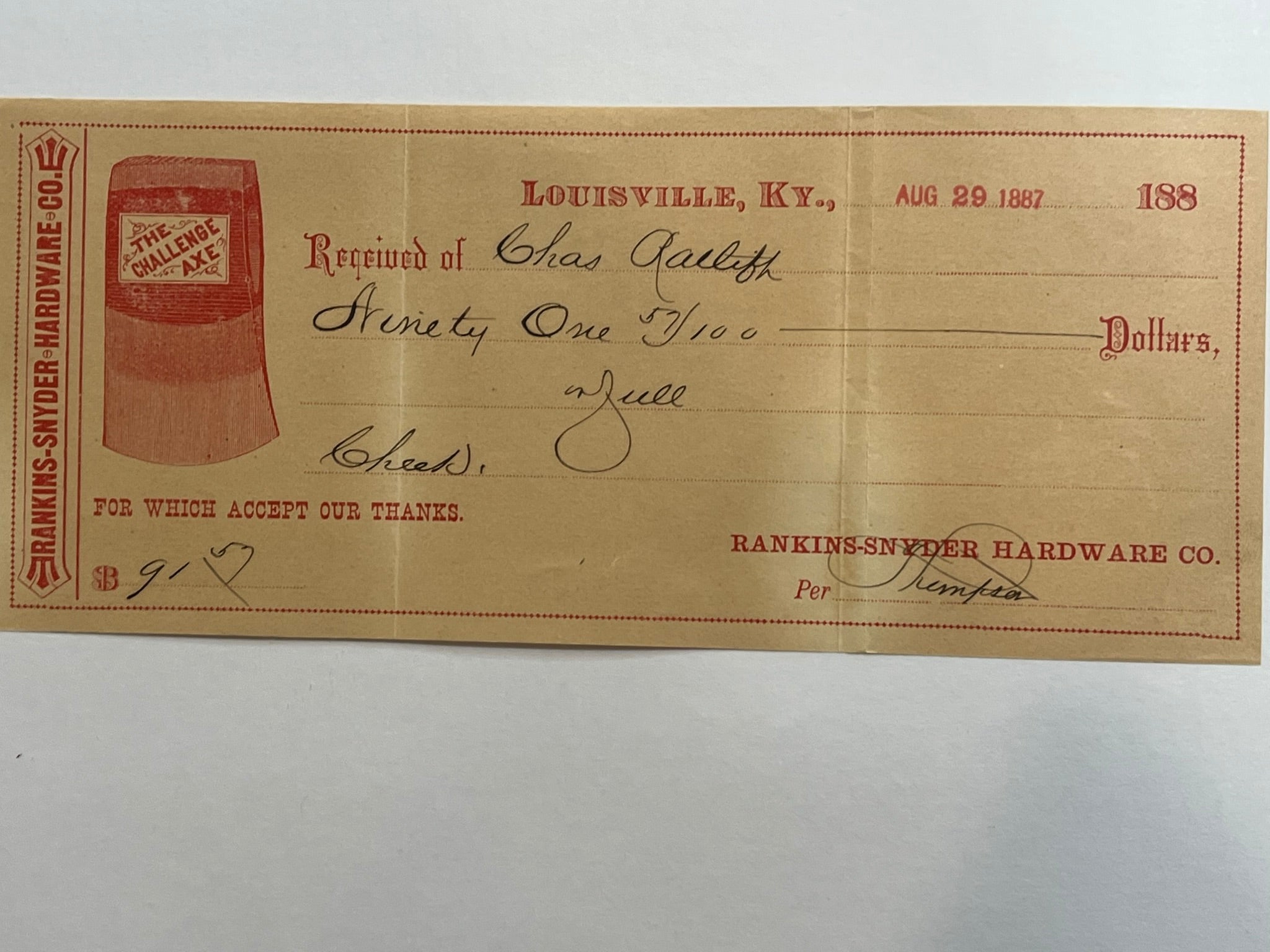 Rankins Snyder Hardware Hardware Co. Receipt – History Bound