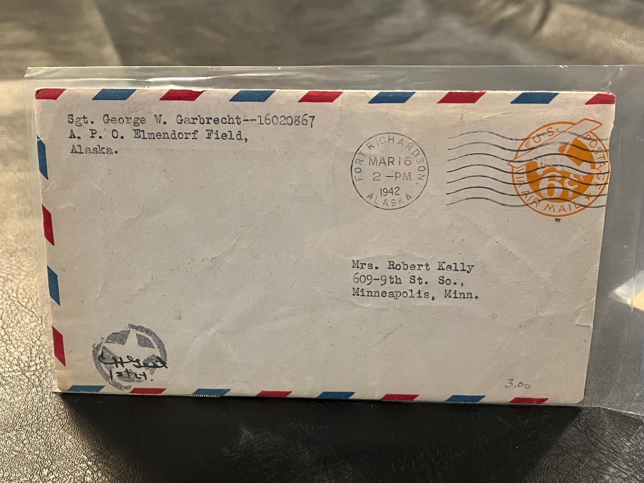 WWII Air Mail envelope. Sent from Alaska to Minnesota. Passed by 1st L ...