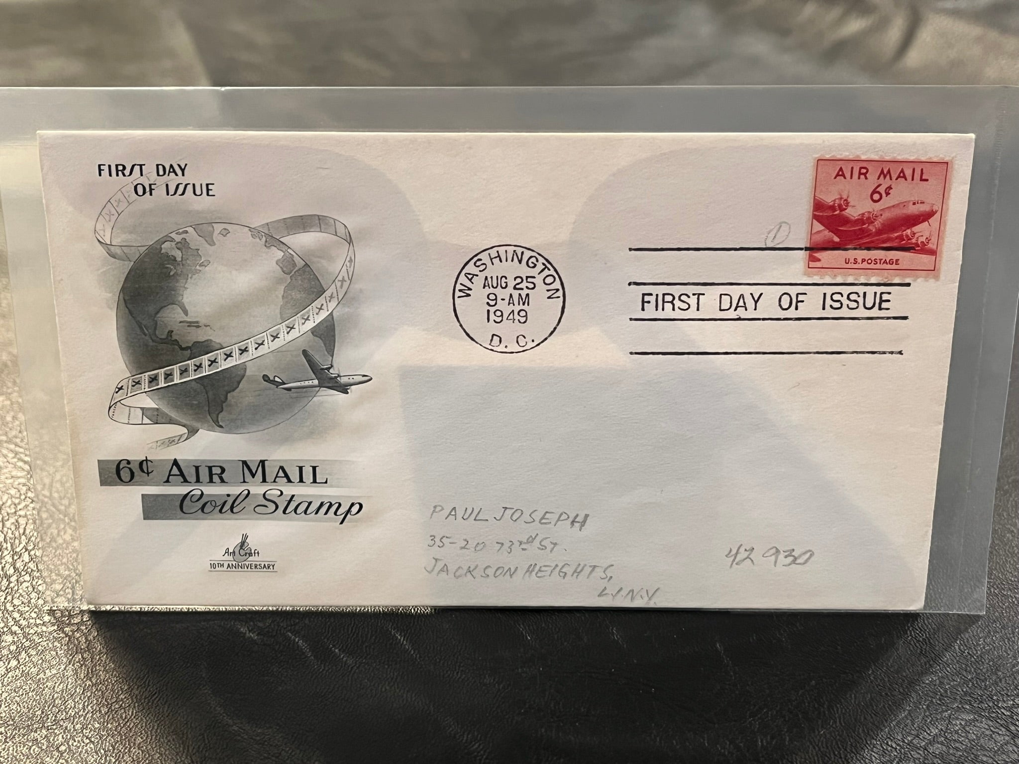 6c Air Mail Coil Stamp FDC. Art Craft cachet. 1949 – History Bound