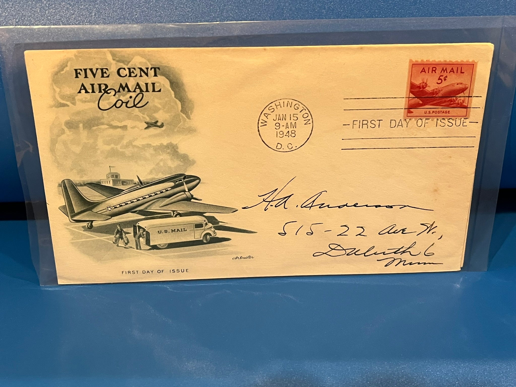 5cent Air Mail Coil FDC. Artmaster cachet. 1948 – History Bound