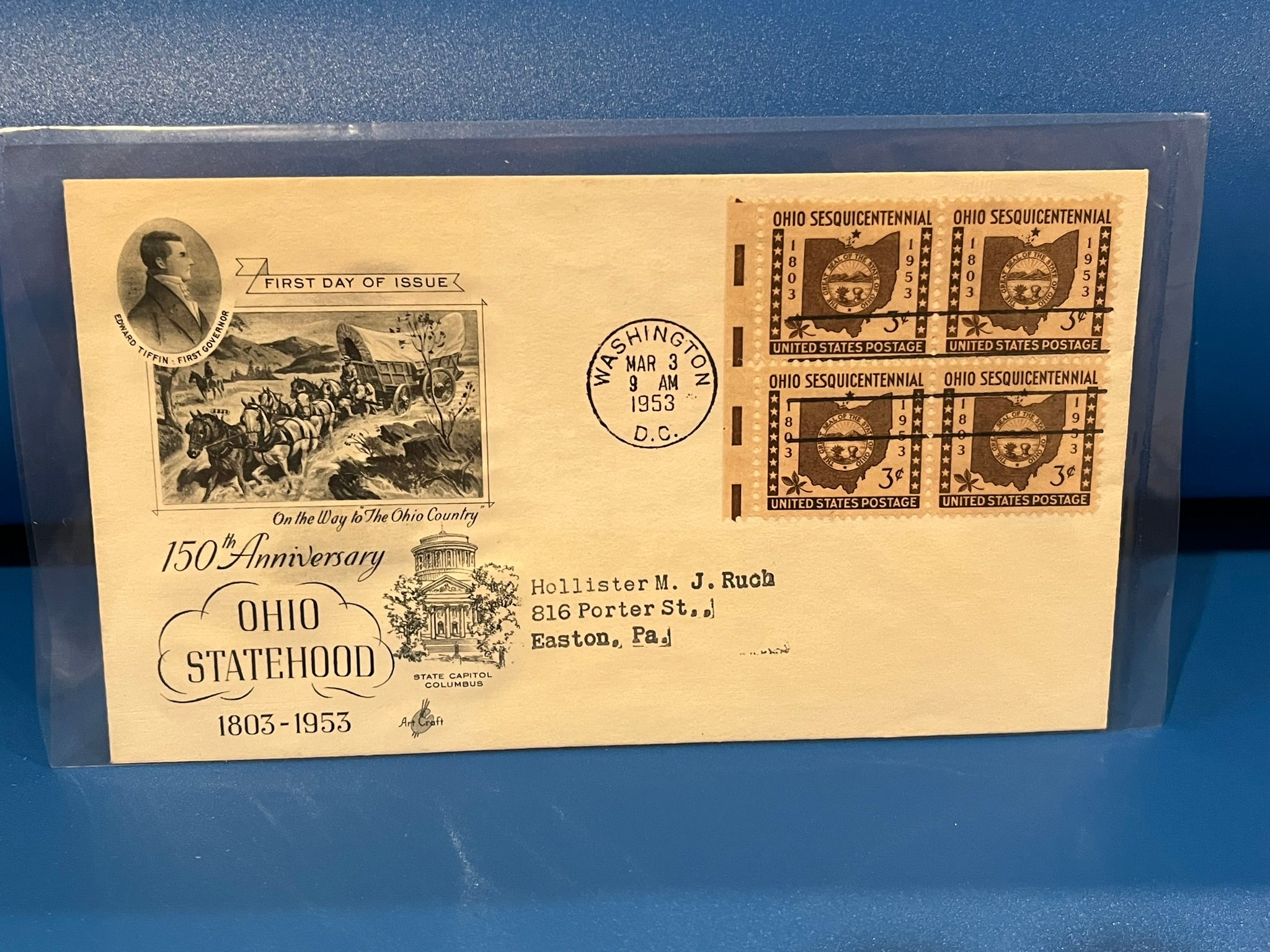 Ohio Statehood 150th Anniversary. Art Craft cachet. 1953 – History Bound