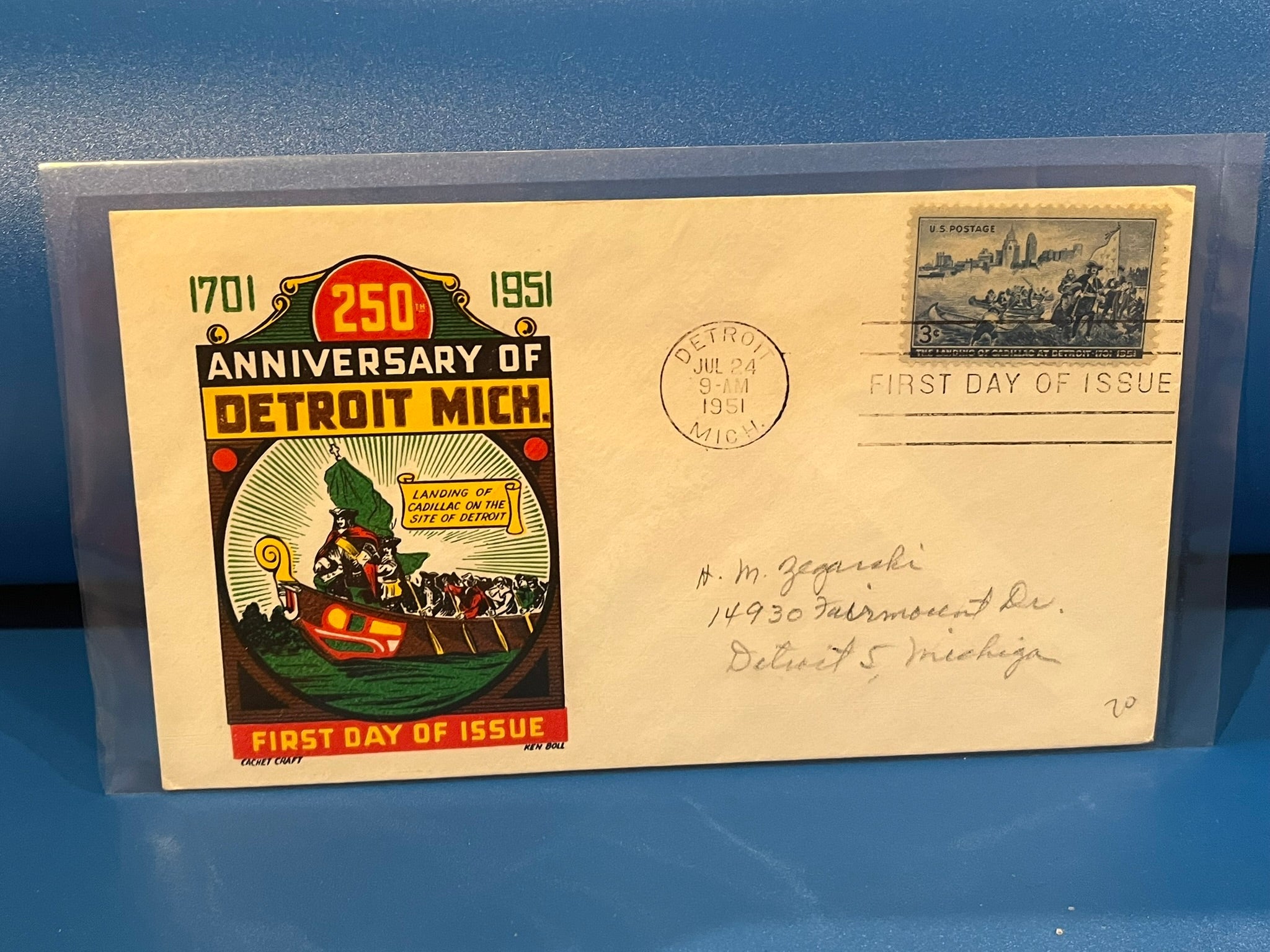 250th Anniversary of Detroit. Hand colored Cachet Craft . 1951 ...