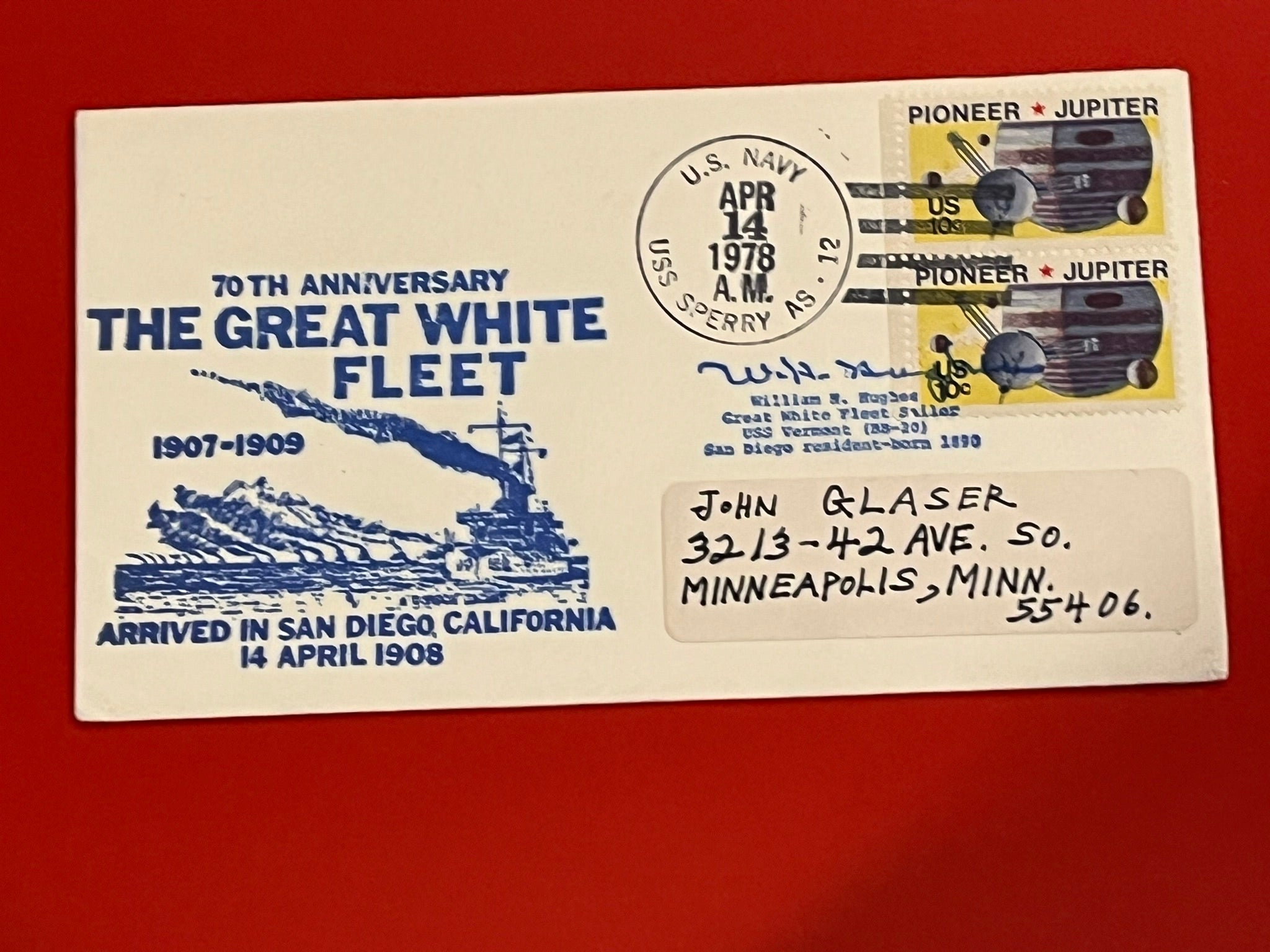10c Pioneer Jupiter stamps. USS Sperry AS-12 cancel on Great White Fle ...